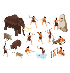 Primitive stone age people flat icon set Vector Image