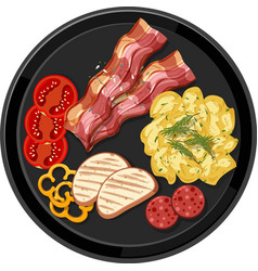 Top view food breakfast with black plate on white Vector Image