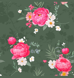 Seamless floral pattern with red roses and white h