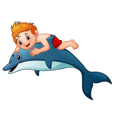 Cartoon boy with dolphins in the sea Royalty Free Vector