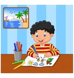 Cute boy cartoon writing on a book Royalty Free Vector Image - VectorStock