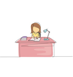 Cartoon little girl studying and writing Vector Image