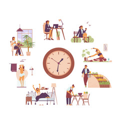 Clock character daily routine timetable Royalty Free Vector