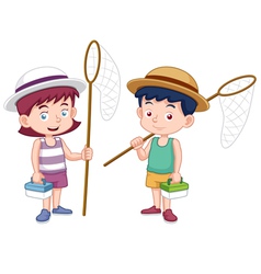 Happy boy is running with butterfly net Royalty Free Vector