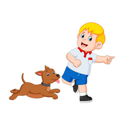 Happy boy walking with his dog Royalty Free Vector Image