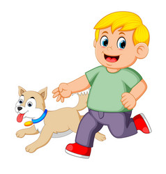 Happy boy walking with his dog Royalty Free Vector Image