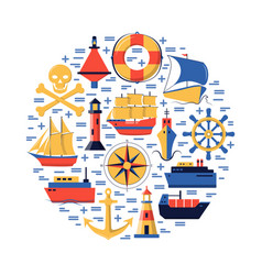 Sea adventure round concept with ship icons Vector Image
