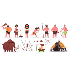 Primitive stone age people flat icon set Vector Image