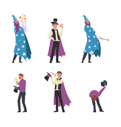 Cheerful magician holding magic wand cartoon male Vector Image