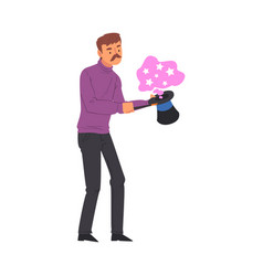 Cheerful magician holding magic wand cartoon male Vector Image