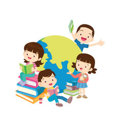 Cartoon happy kids reading a book Royalty Free Vector Image