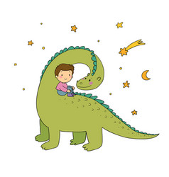 Brave boy is playing with the dinosaur utahraptor Vector Image