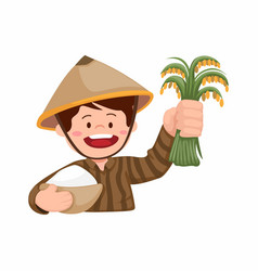Thai farmer with rice and paddy field background Vector Image