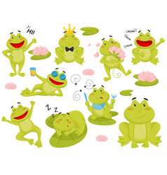 Cartoon frogs cute amphibian mascots frogspawn Vector Image