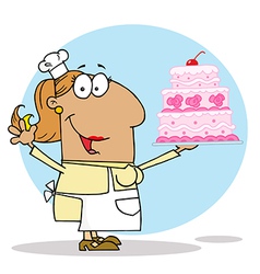 Cartoon fat woman holding cake Royalty Free Vector Image