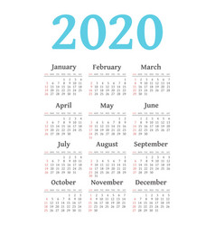 Calendar 2020 year week starts from sunday Vector Image