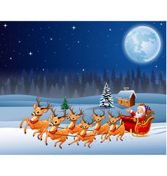 Santa rides reindeer sleigh flying in the sky Vector Image