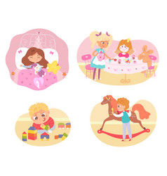 Cute kids holding geometric shapes set primary Vector Image