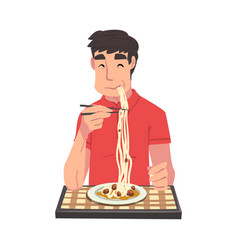 Young man eating fried chicken drumstick cheerful Vector Image