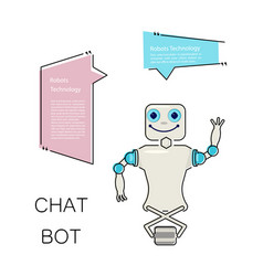 Cute chat bot robot with yellow laptop shows Vector Image