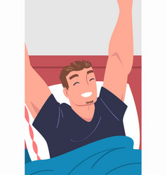 Young man stretching on his bed after waking up Vector Image