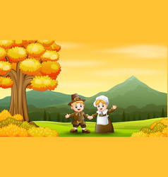 Thanksgiving day of pilgrim couple waving Vector Image