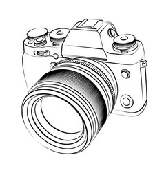 Photo camera with huge lens sketch Royalty Free Vector Image