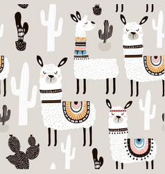 Seamless pattern with llama cactus and hand drawn Vector Image