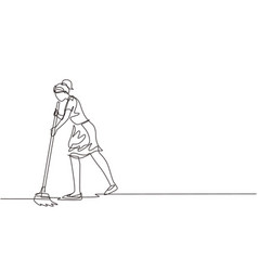 Single one line drawing young man mopping floor Vector Image